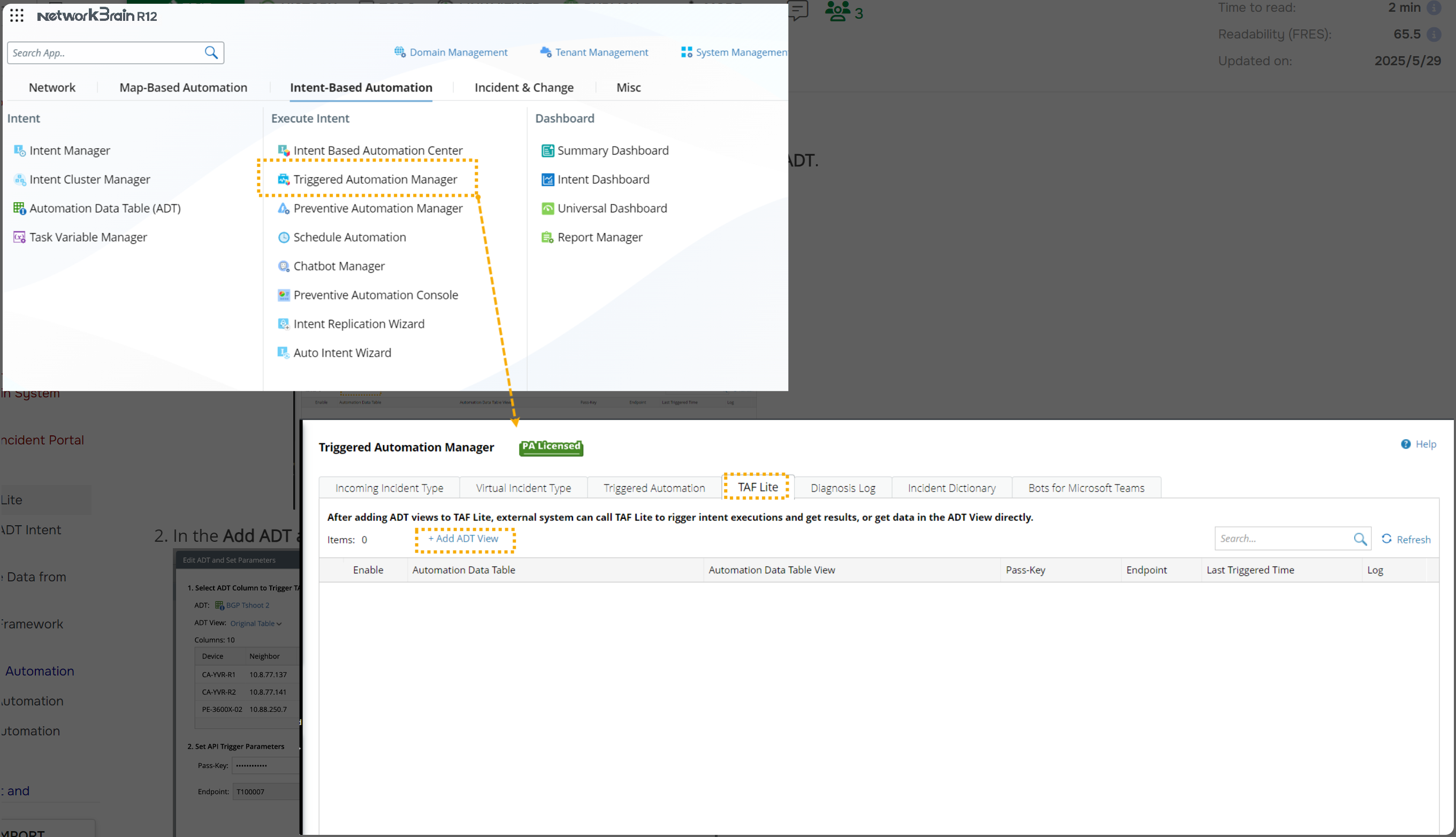 Manage ADT in TAF Lite