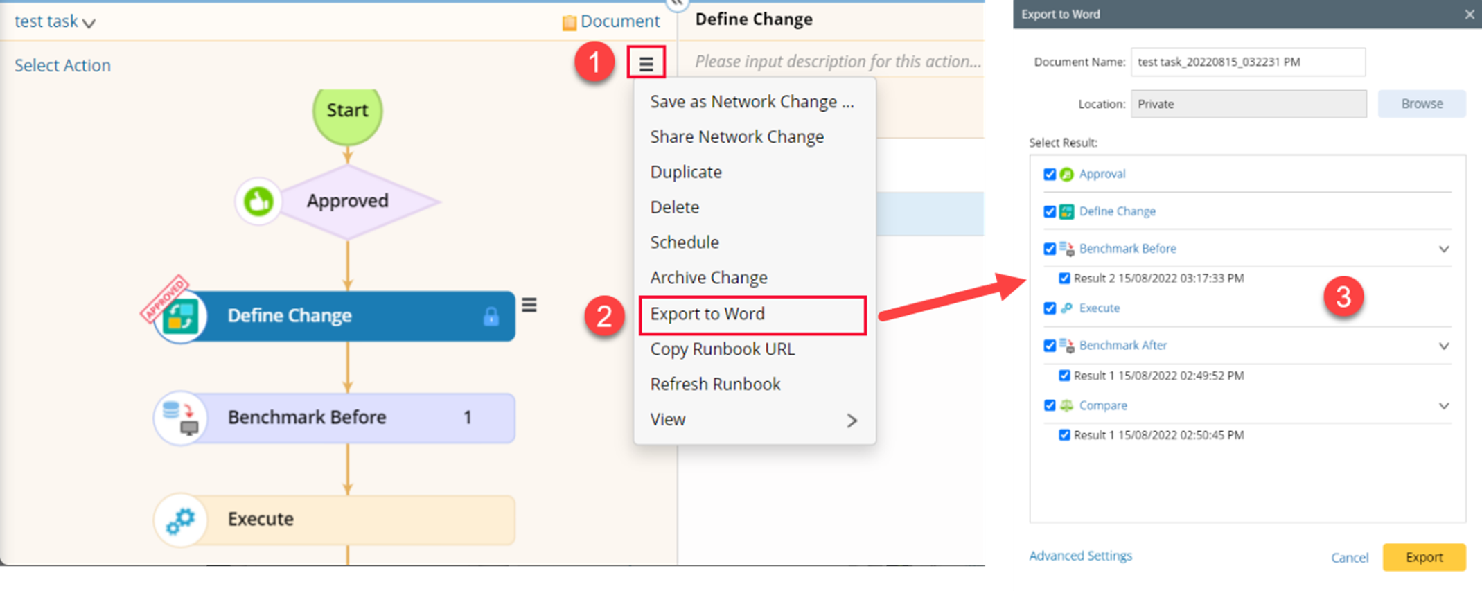 Exporting a Network Change Task to Word