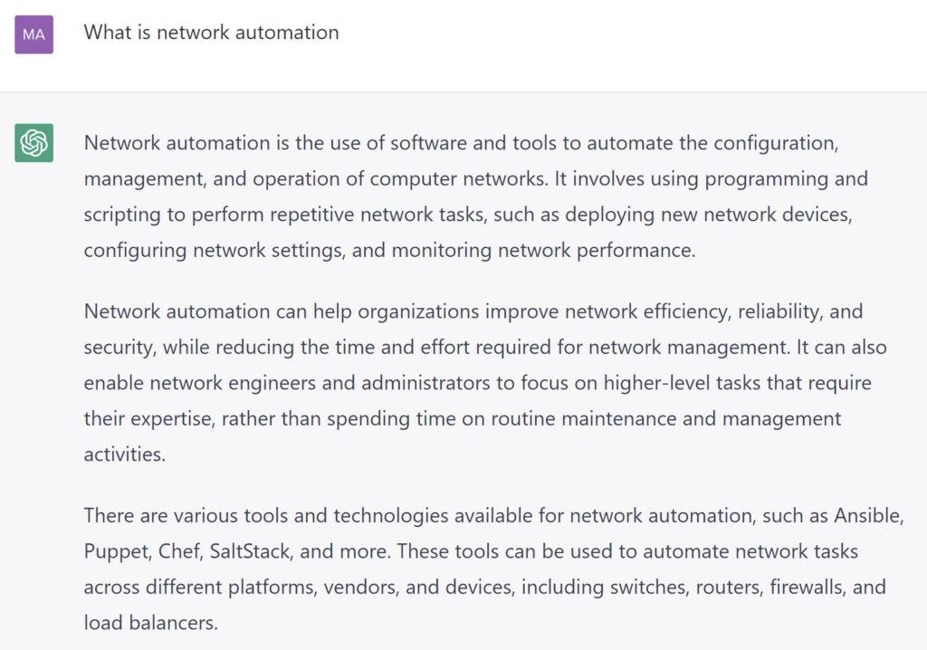 ChatGPT's answer to "What is Network Automation?"